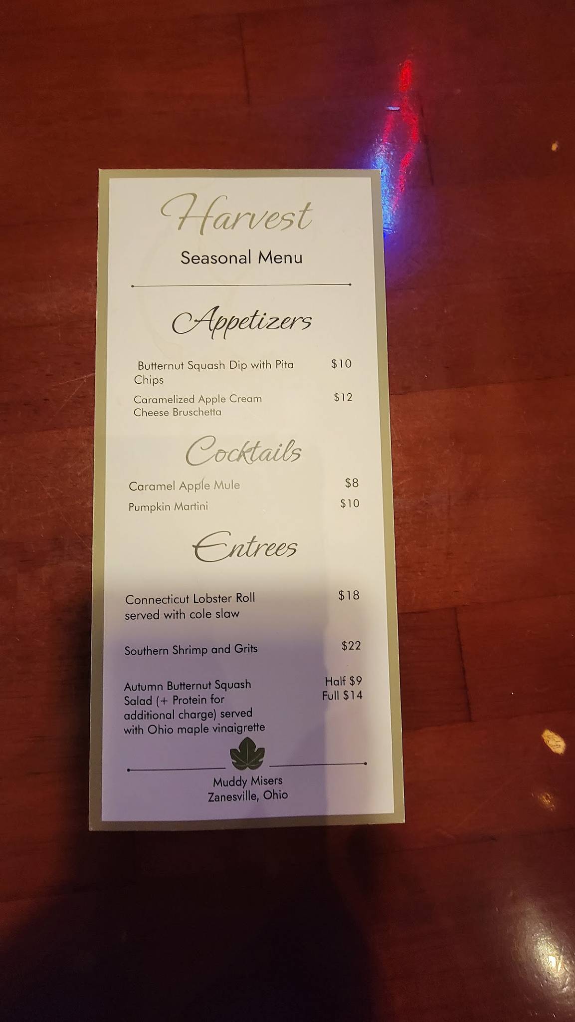 Menu at Muddy Misers Restaurant, Zanesville