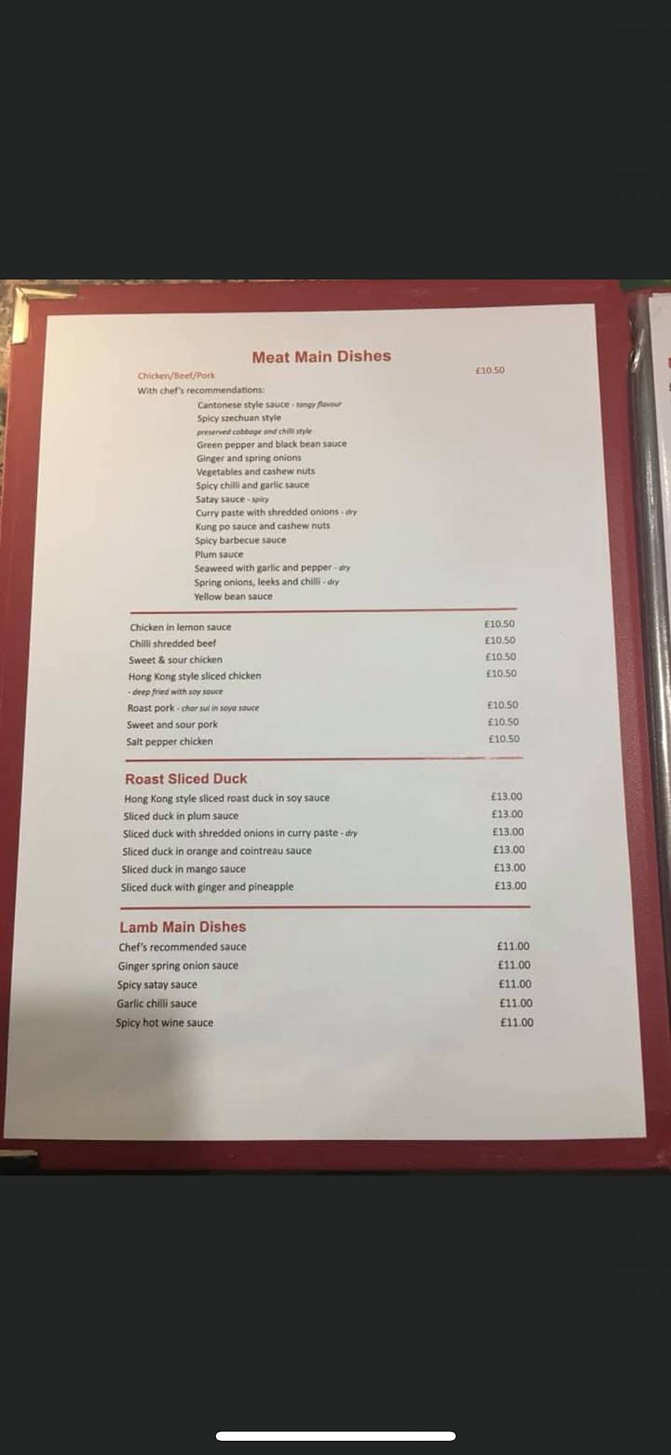 Menu at Mulan restaurant, Morpeth