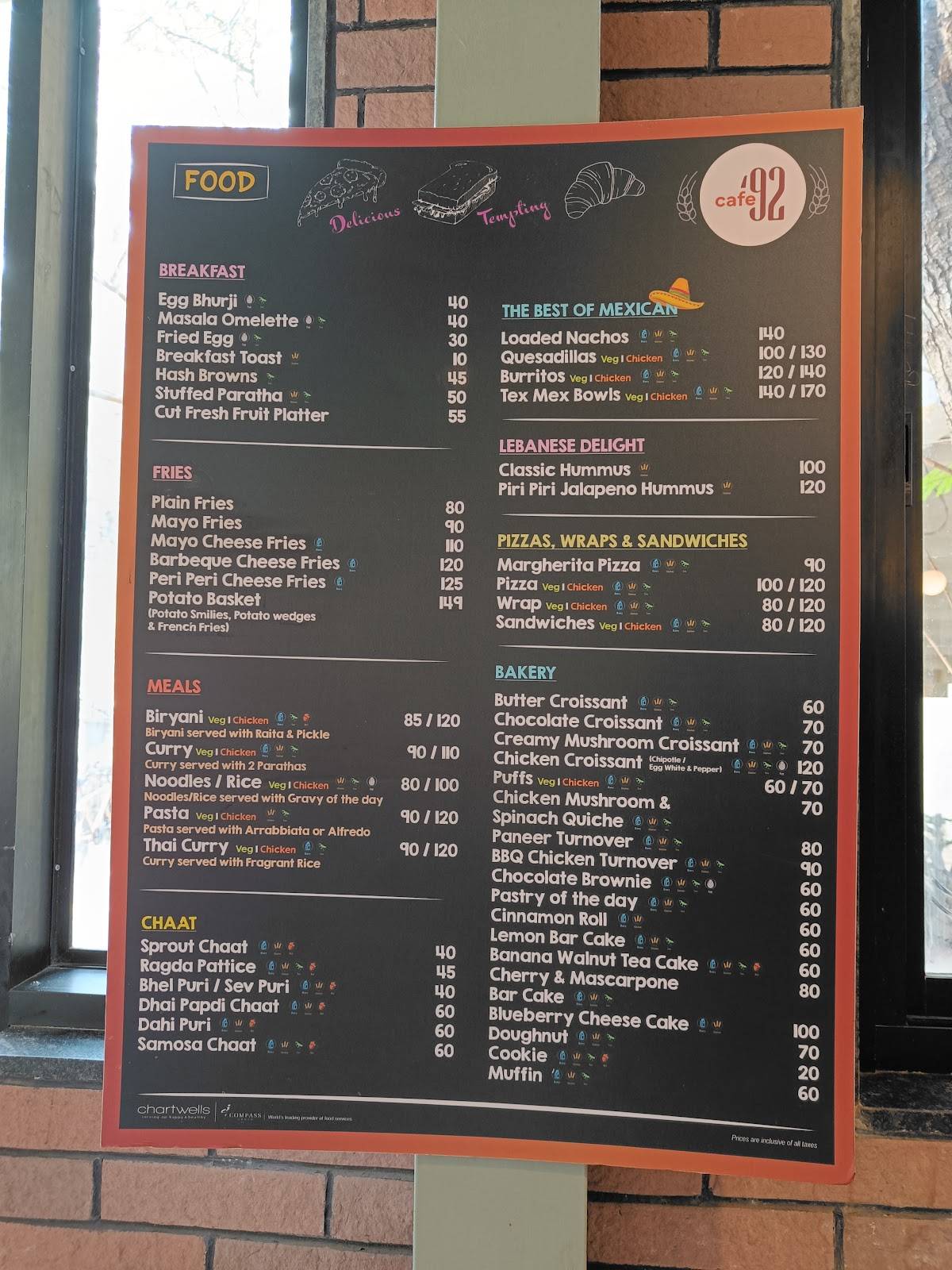 Menu at Cafe 92, Mumbai, PC Saxena Auditorium
