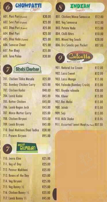 Menu au Mumbai Cafe, Le Cap, 102 Wale St