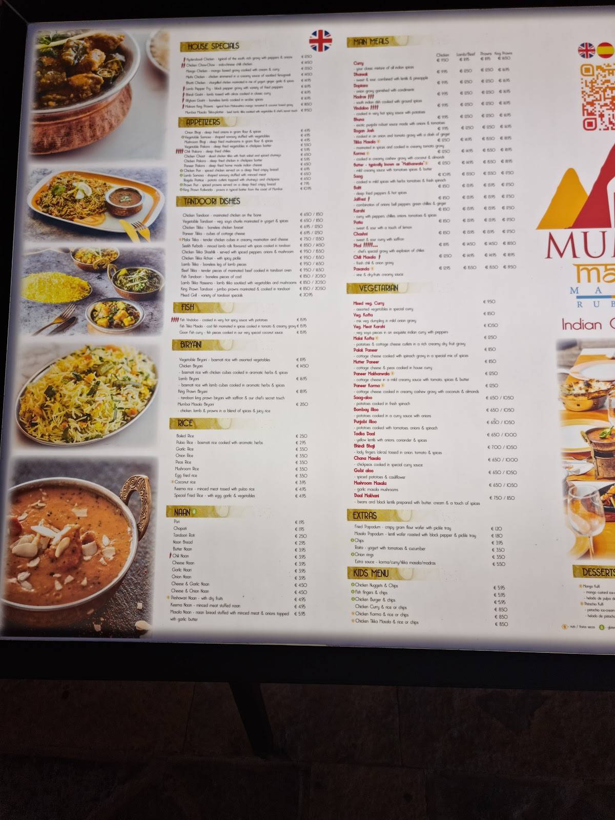 Menu at Mumbai Masala Marina Rubicon restaurant, Playa Blanca