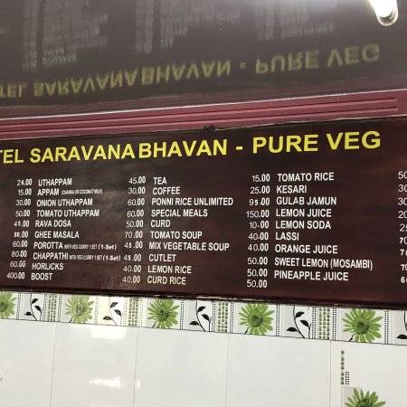 Menu at Saravana Bhavan, Munnar, 33P5+VVX