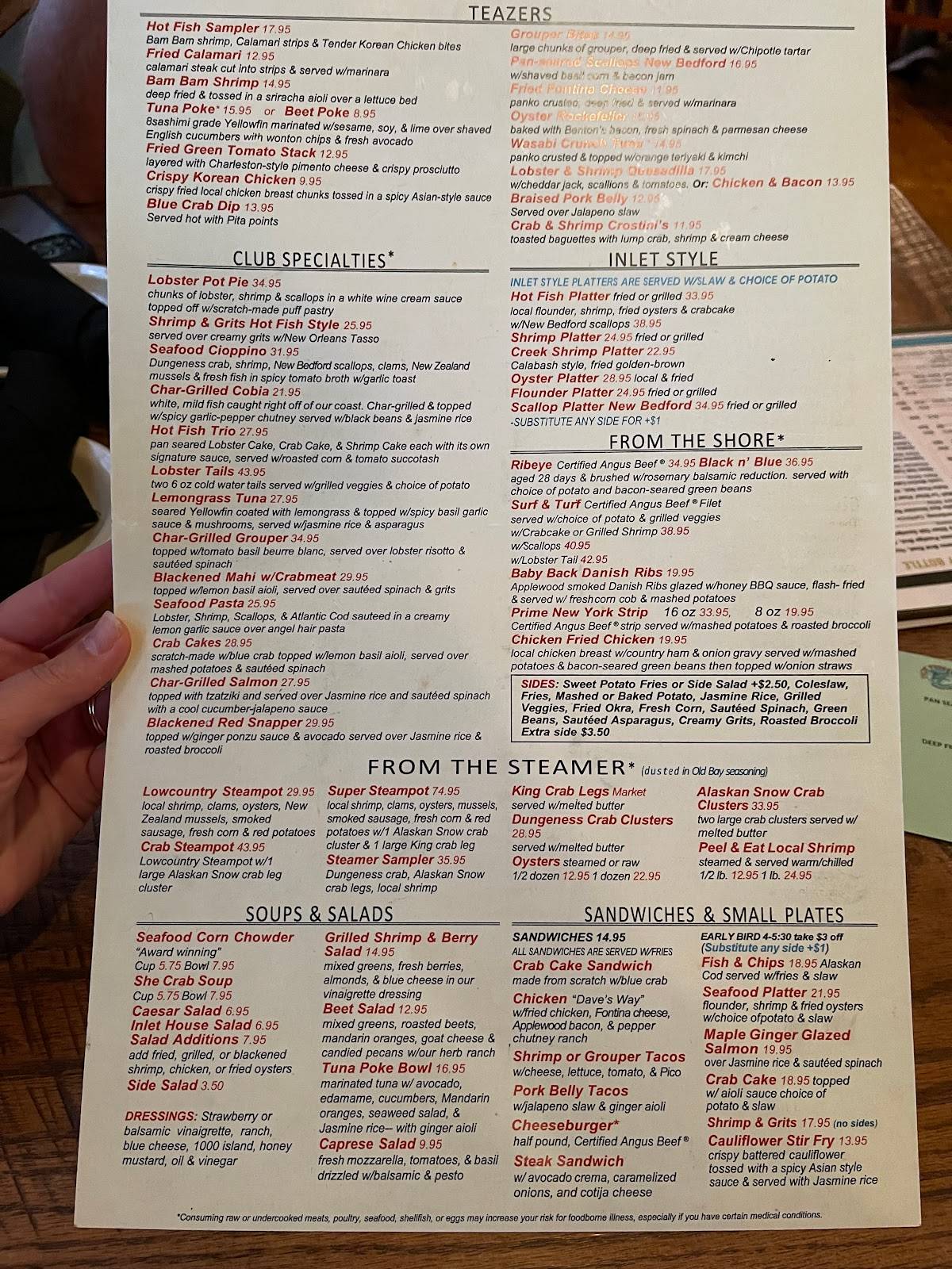 Menu at Hot Fish Club, Murrells Inlet