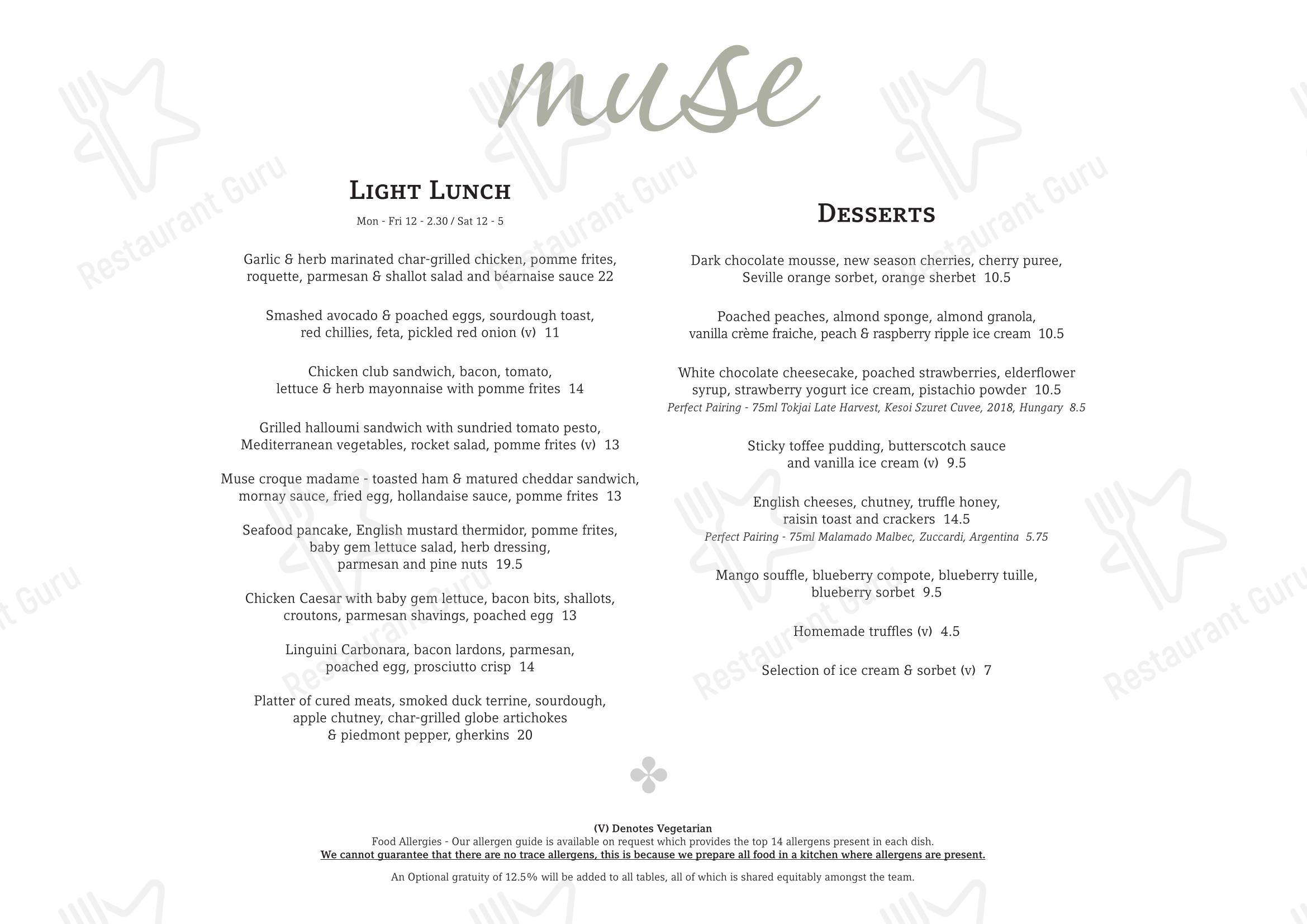 Menu at Muse restaurant, Yarm
