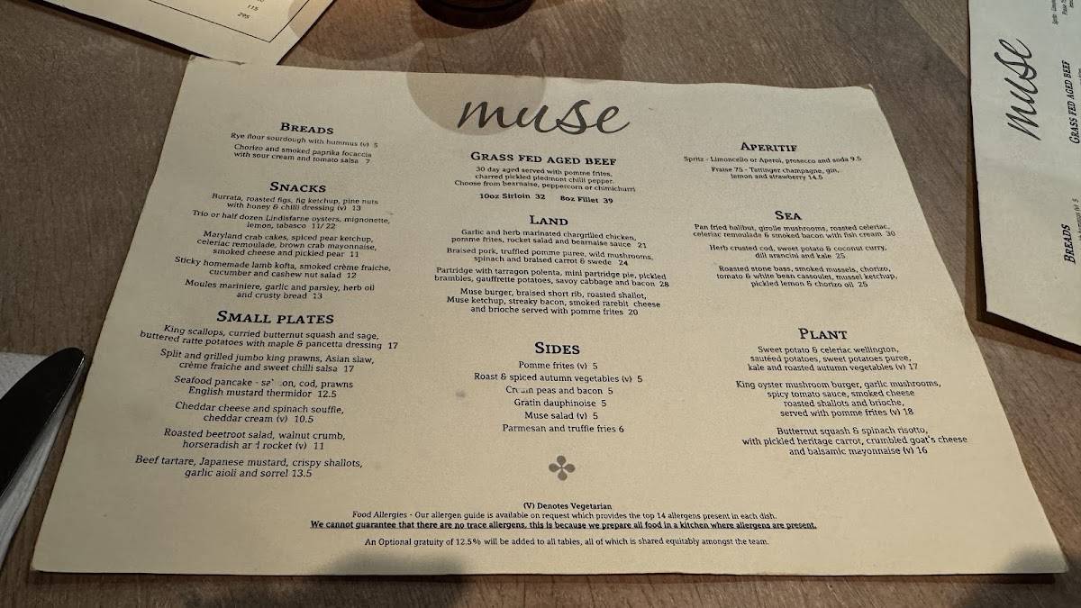 Menu at Muse restaurant, Yarm
