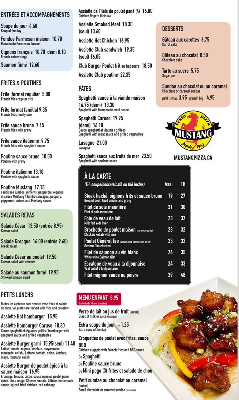 Menu au Mustang Pizza pizzeria, Levis