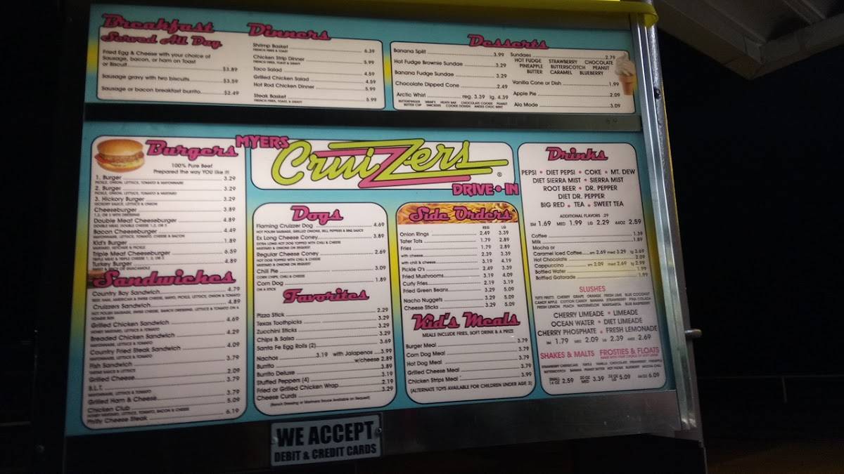 Menu at Myers Cruizzers Drive-In restaurant, Mena, 409 U. S. Hwy 71