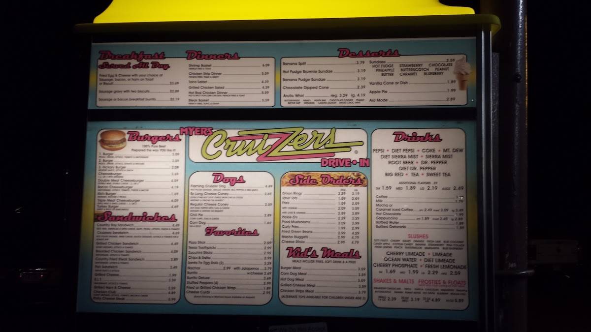 Menu at Myers Cruizzers Drive-In restaurant, Mena, 409 U. S. Hwy 71