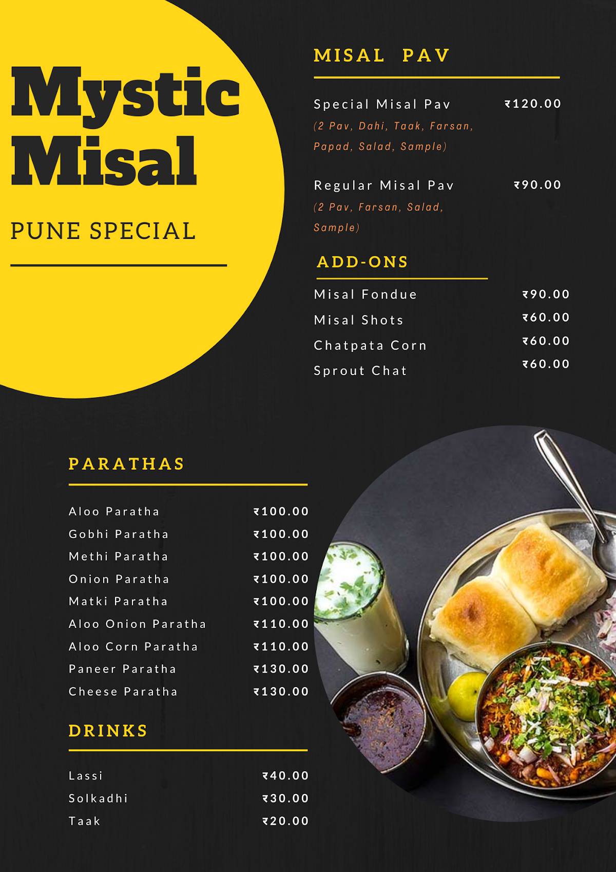 Menu at Mystic Misal and Paratha, Pune