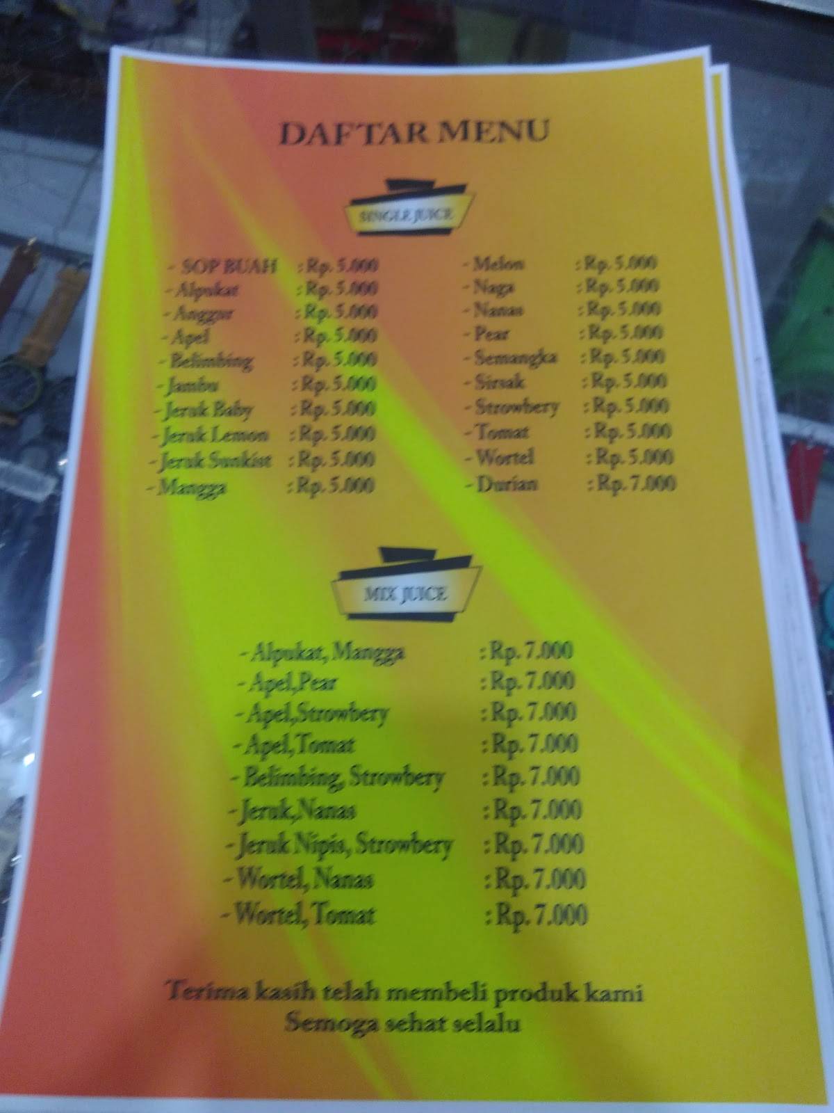 Menu at Naafi jus dan buah cafeteria, Sariharjo