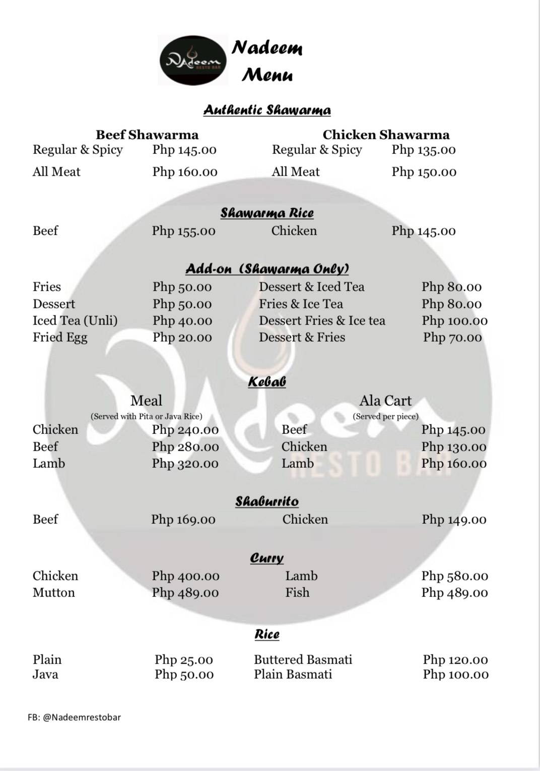 Menu at Nadeem Resto Bar, Cainta, A. Bonifacio Avenue cor. L. Santos St ...