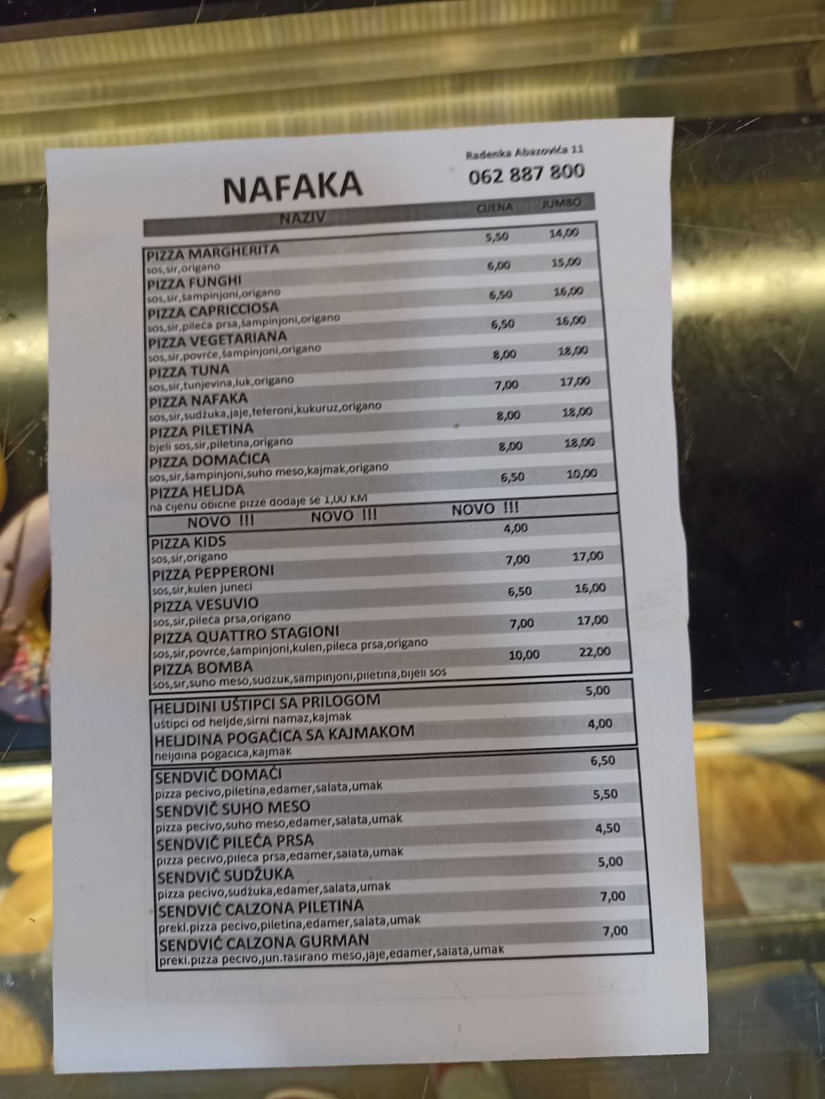 Menu at Nafaka restaurant, Sarajevo, Radenka Abazovića 11