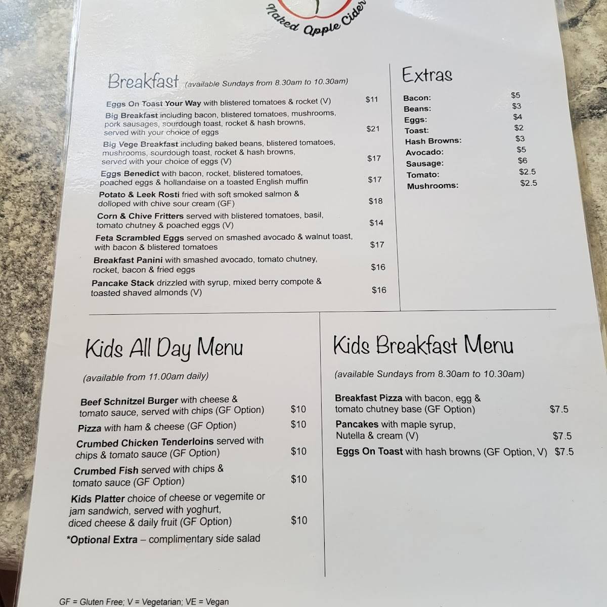 Menu at Naked Apple Cider House restaurant, Karragullen
