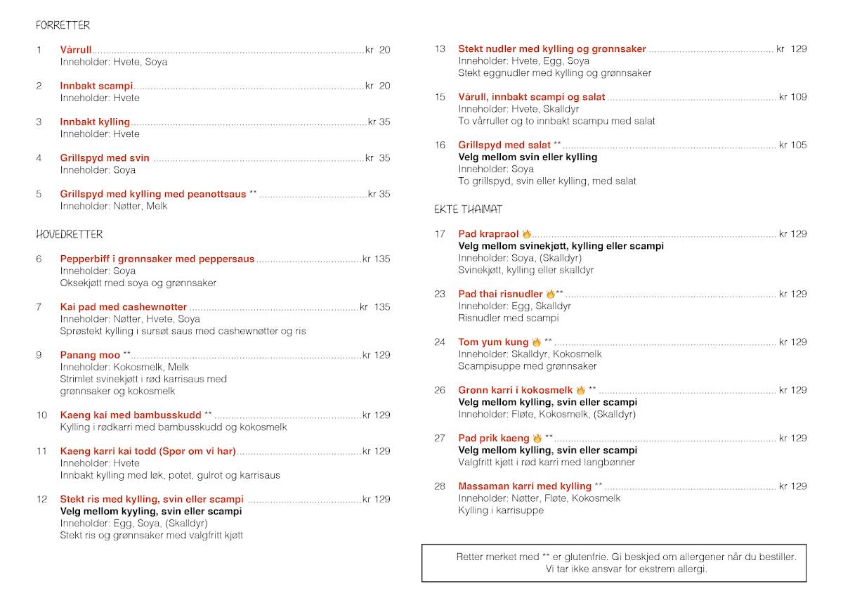 Menu at Nam-Oi Grillmat, Birkeland