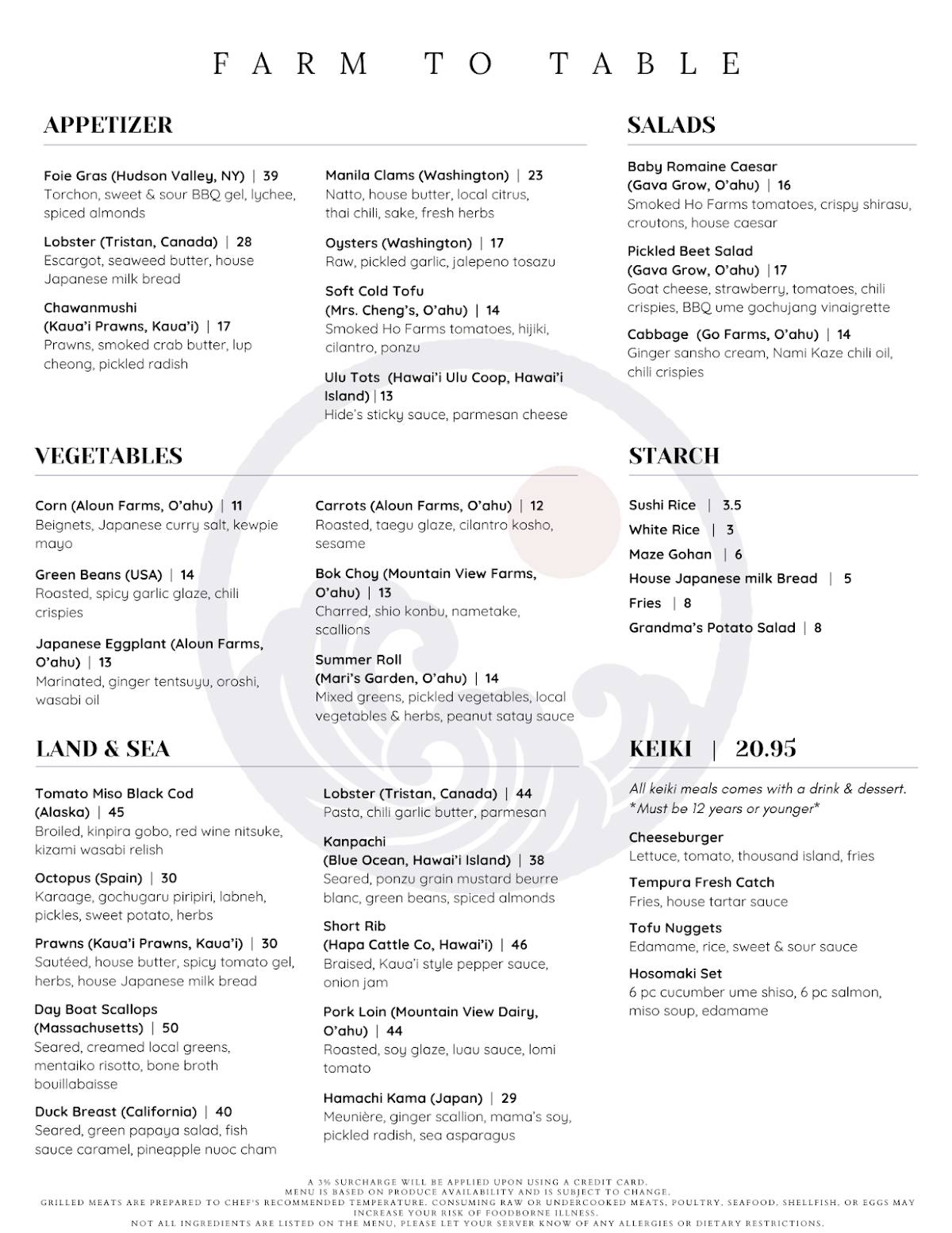 Menu at Nami Kaze Hawaii restaurant, Honolulu