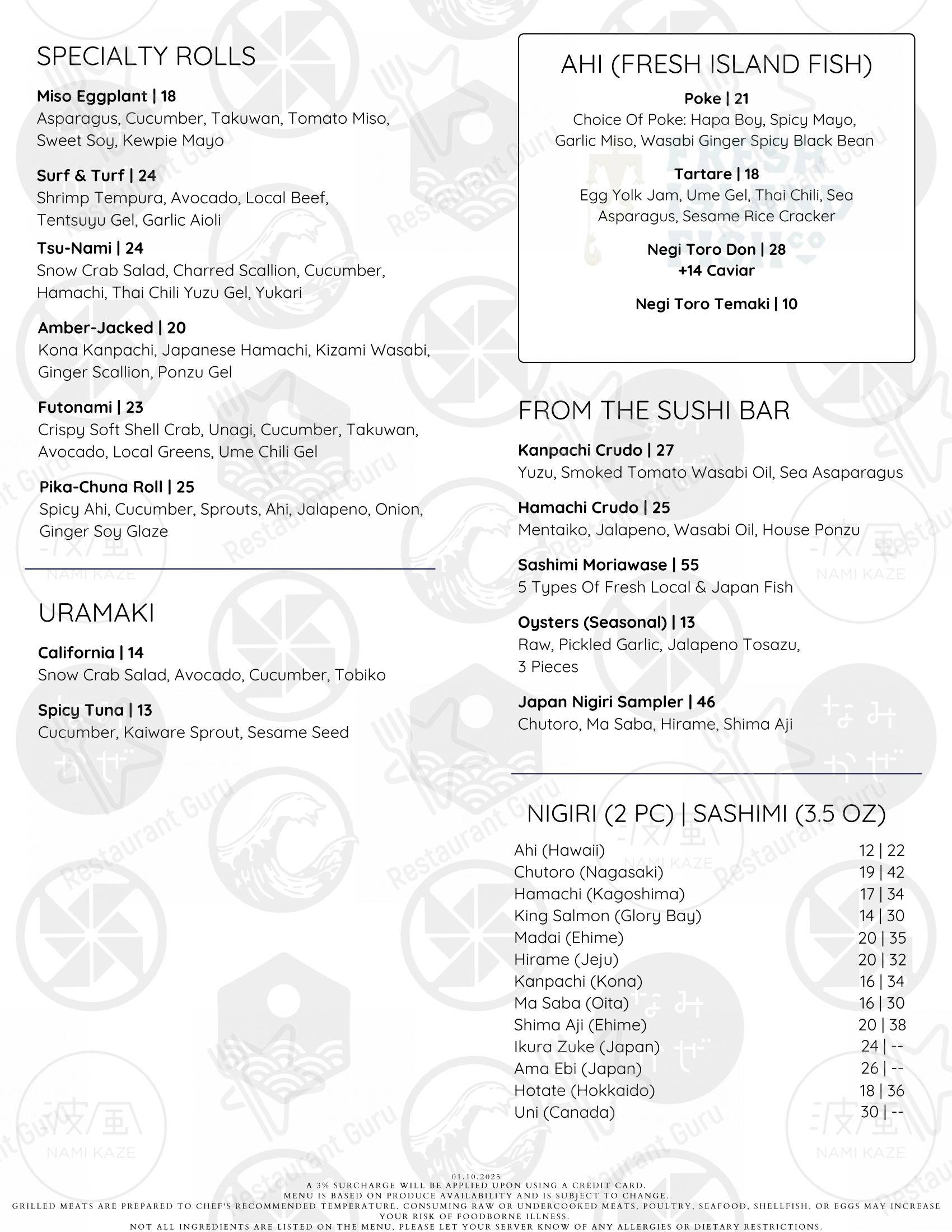 Menu at Nami Kaze Hawaii restaurant, Honolulu