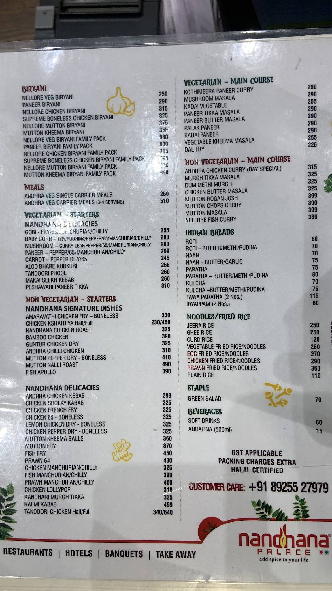 Menu at Nandhana Palace - Andhra Style Restaurant - OMR, Chennai
