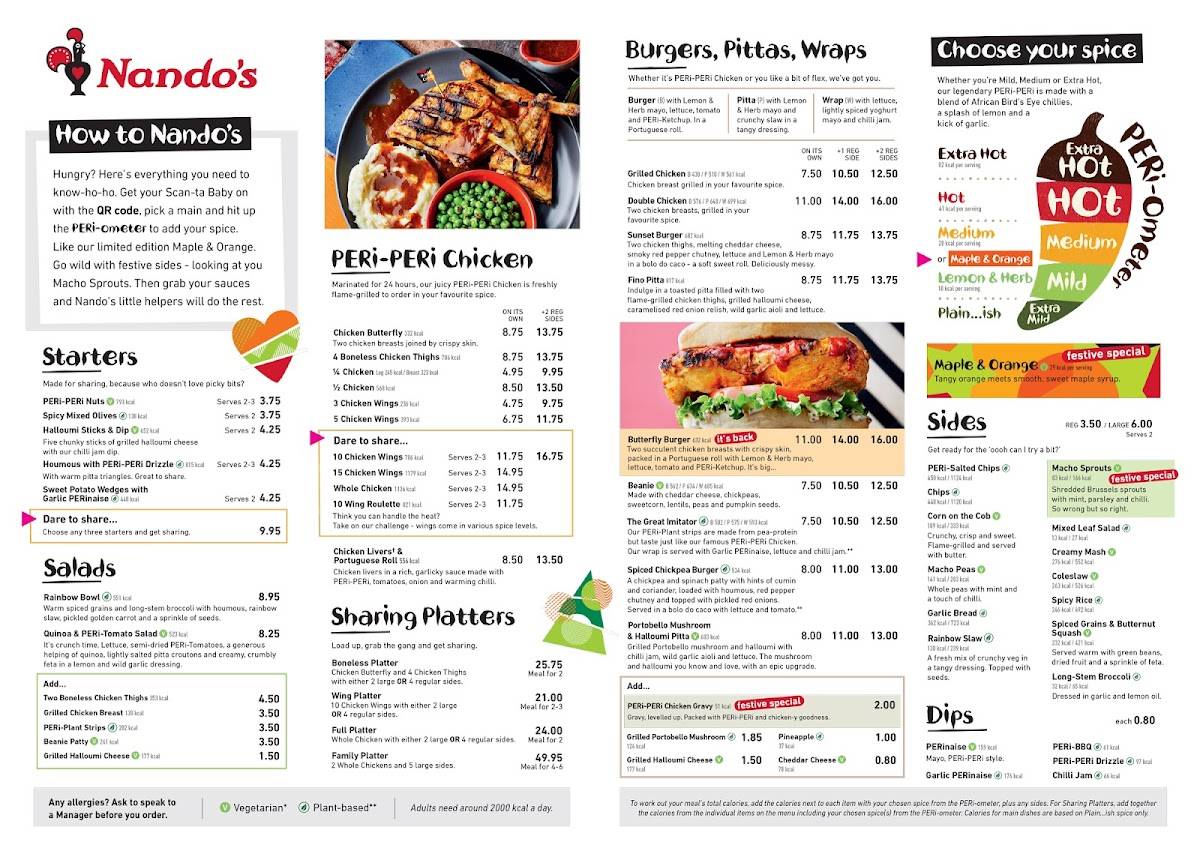 Menu at Nando's Walthamstow fast food, London, 1