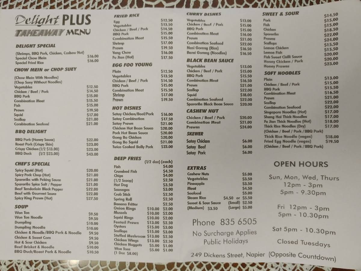 Menu at Delight Plus Chinese Restaurant, Napier
