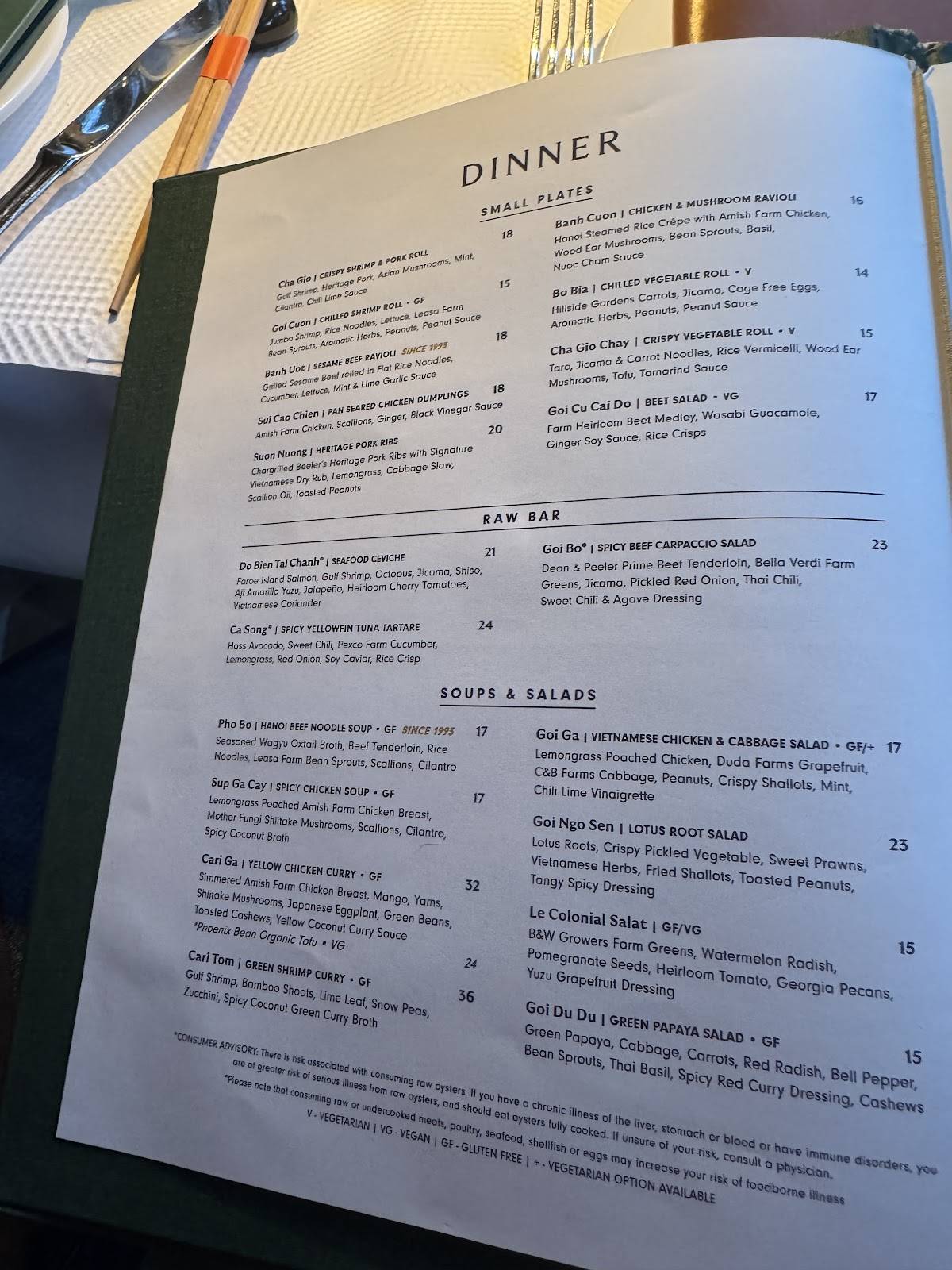 Menu at Le Colonial Naples restaurant, Naples