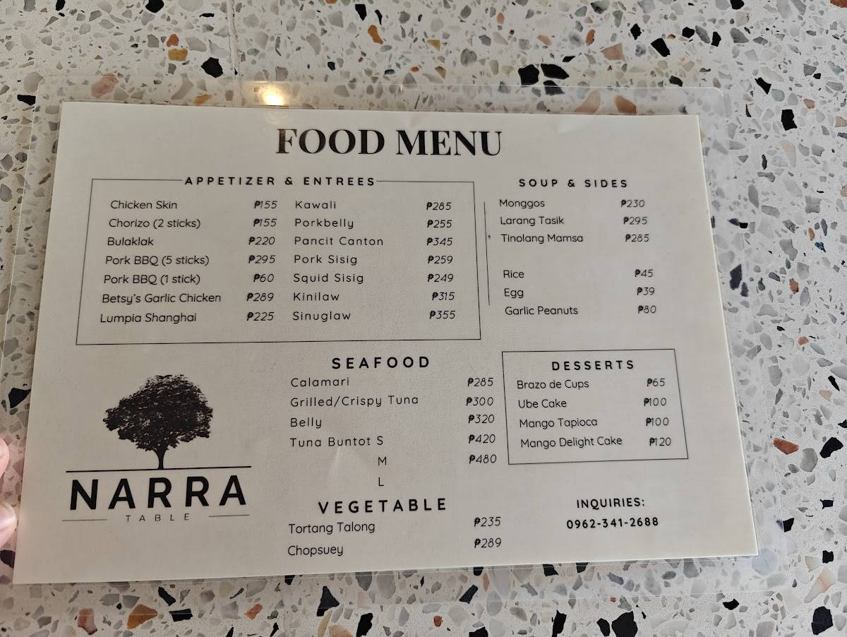 Menu at Narra Table - Tops restaurant, Cebu City