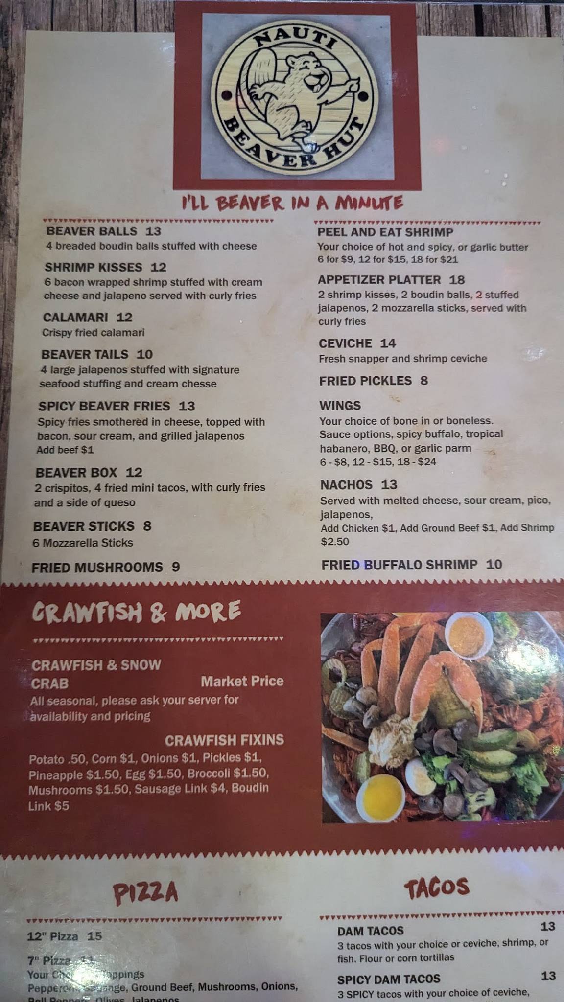 Menu at Nauti Beaver Hut pub & bar, Bolivar Peninsula