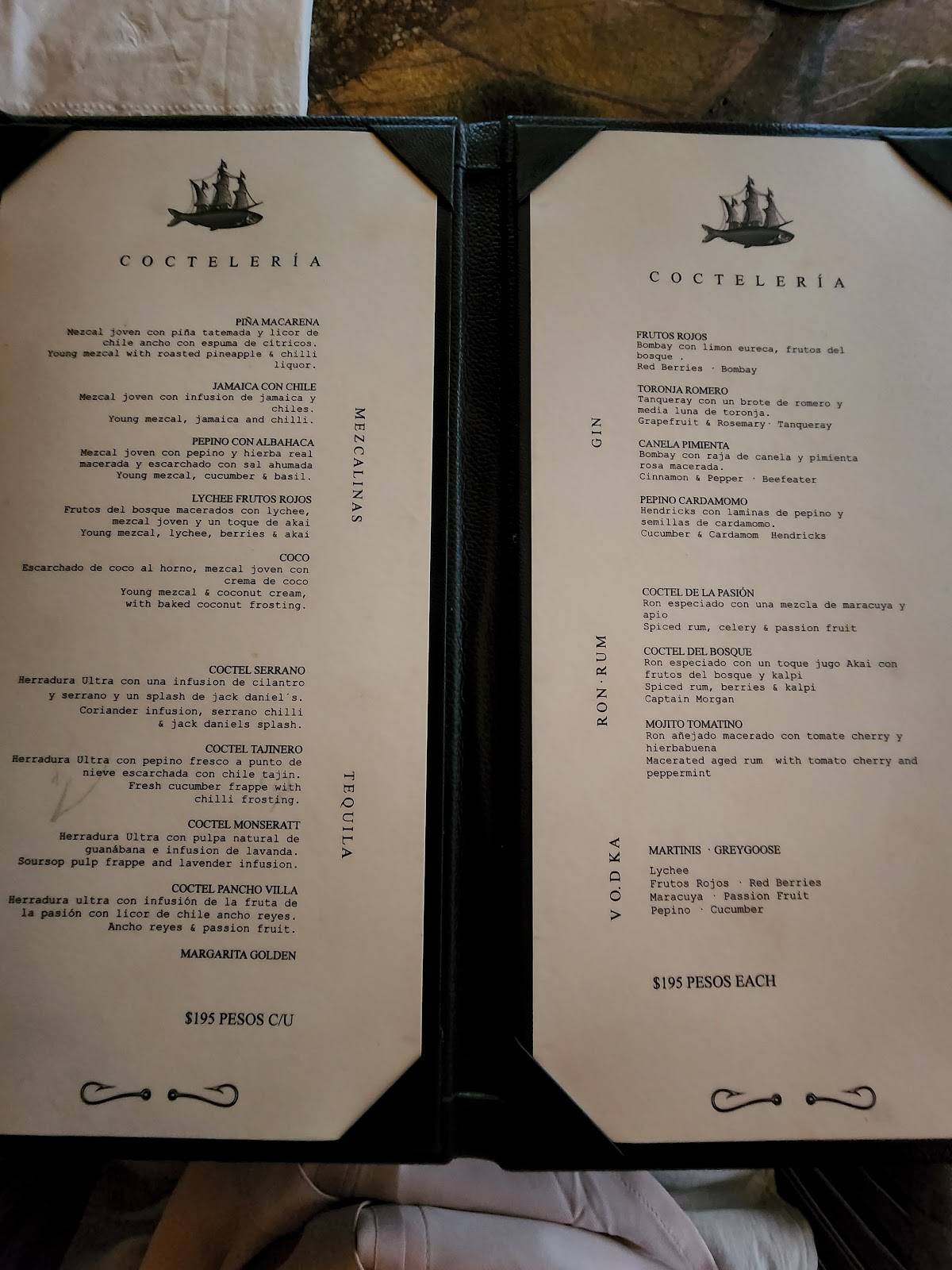 Menu at Navíos restaurant, Cancún