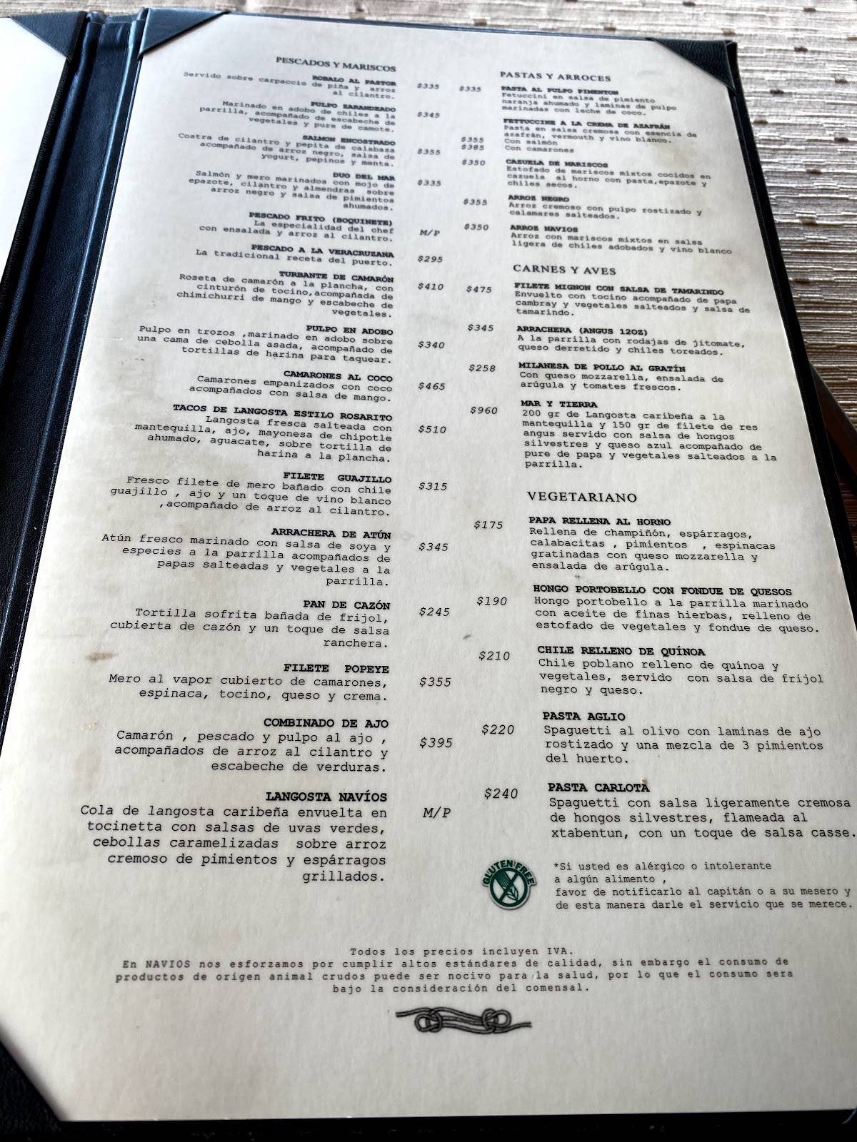 Menu at Navíos restaurant, Cancún