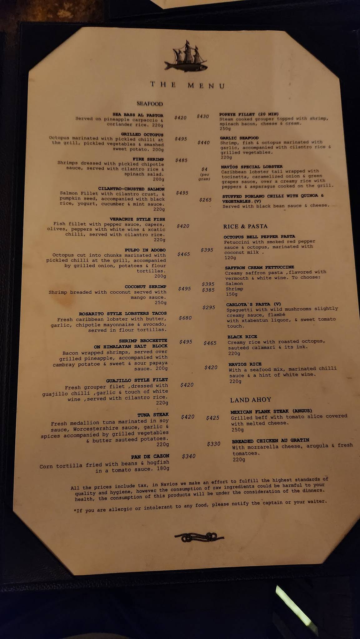 Menu at Navíos restaurant, Cancún