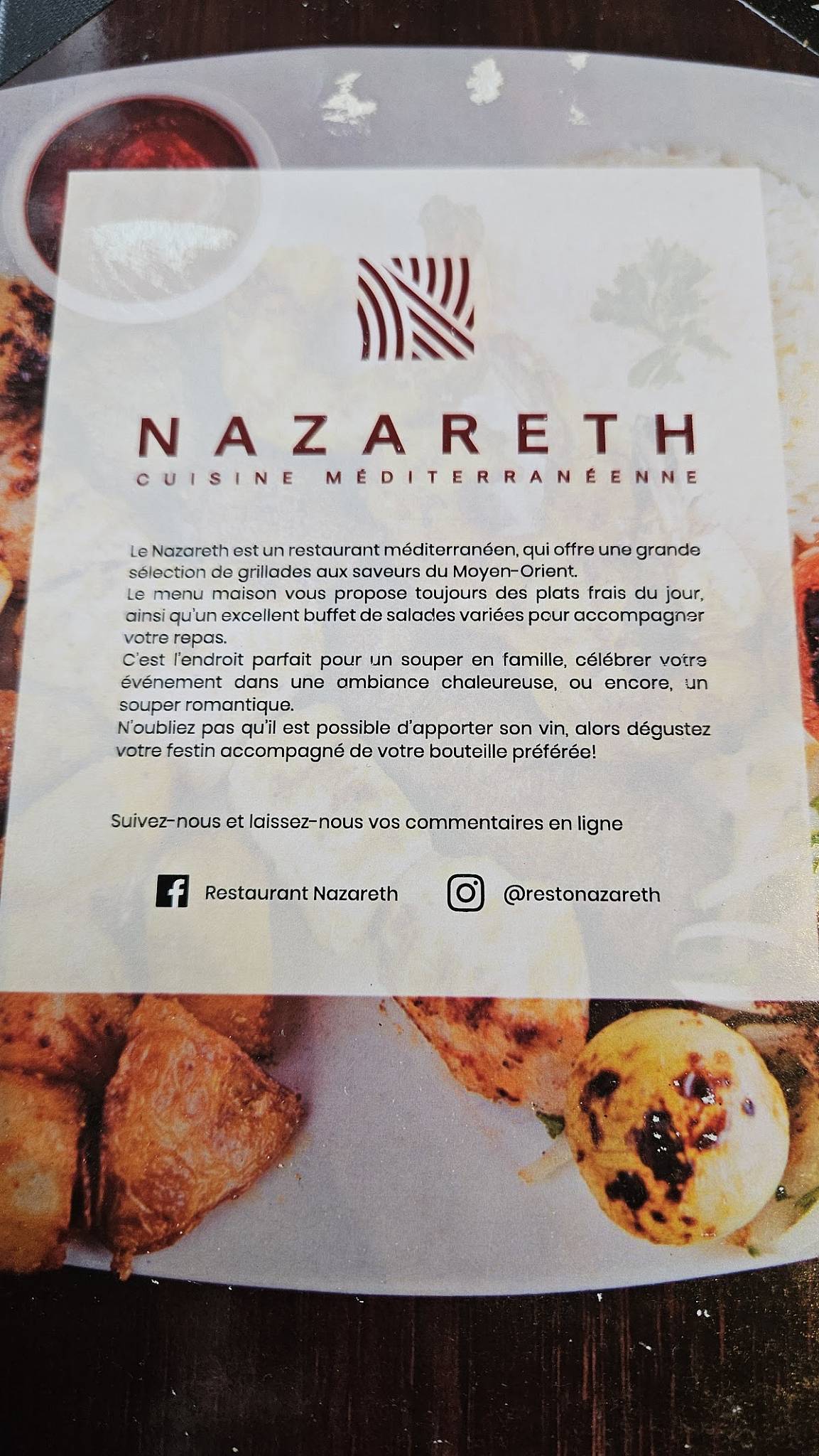 Menu at Nazareth restaurant, Laval, 550 Bd du Curé-Labelle