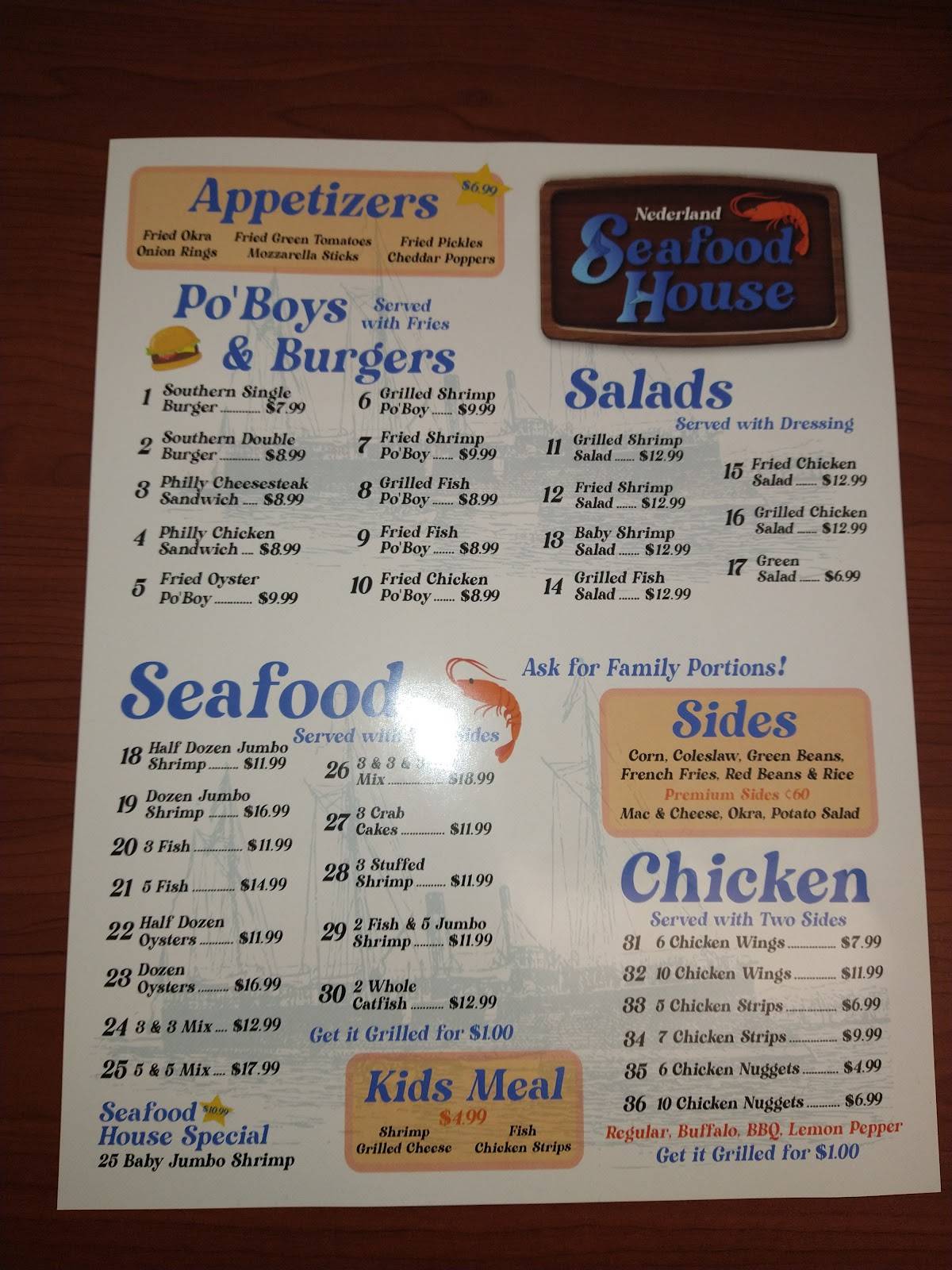 Menu at Nederland Seafood House restaurant, Nederland