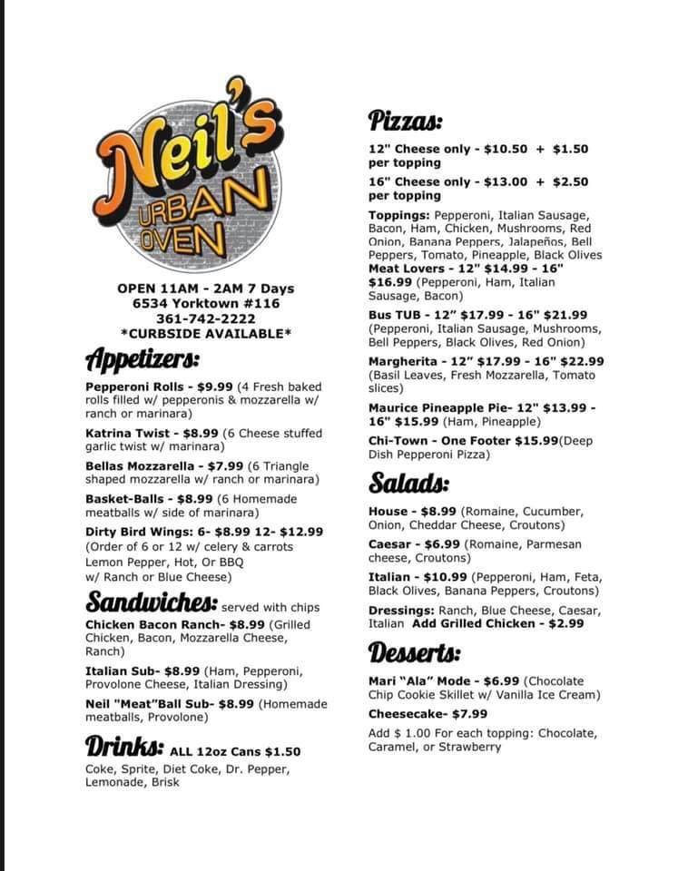 Menu at Neil's Urban Oven pizzeria, Corpus Christi