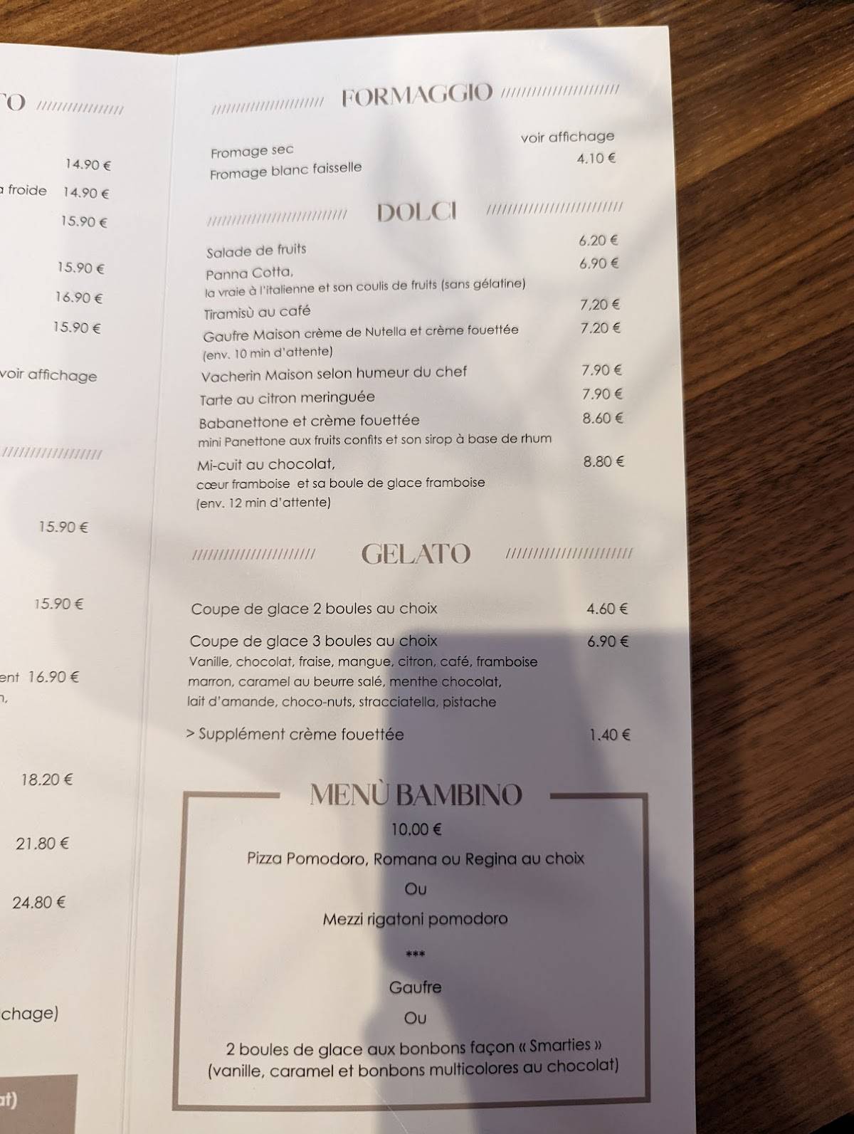 Menu au Nell'Felicità restaurant, Brignais