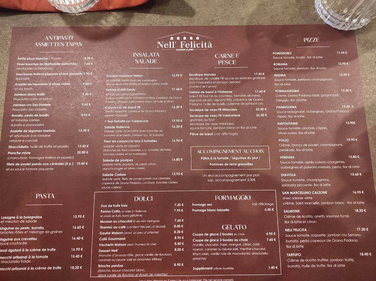 Menu au Nell'Felicità restaurant, Brignais