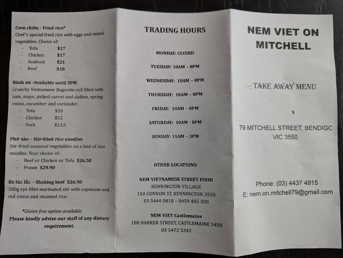 Menu at Nem Viet on Mitchell restaurant, Bendigo