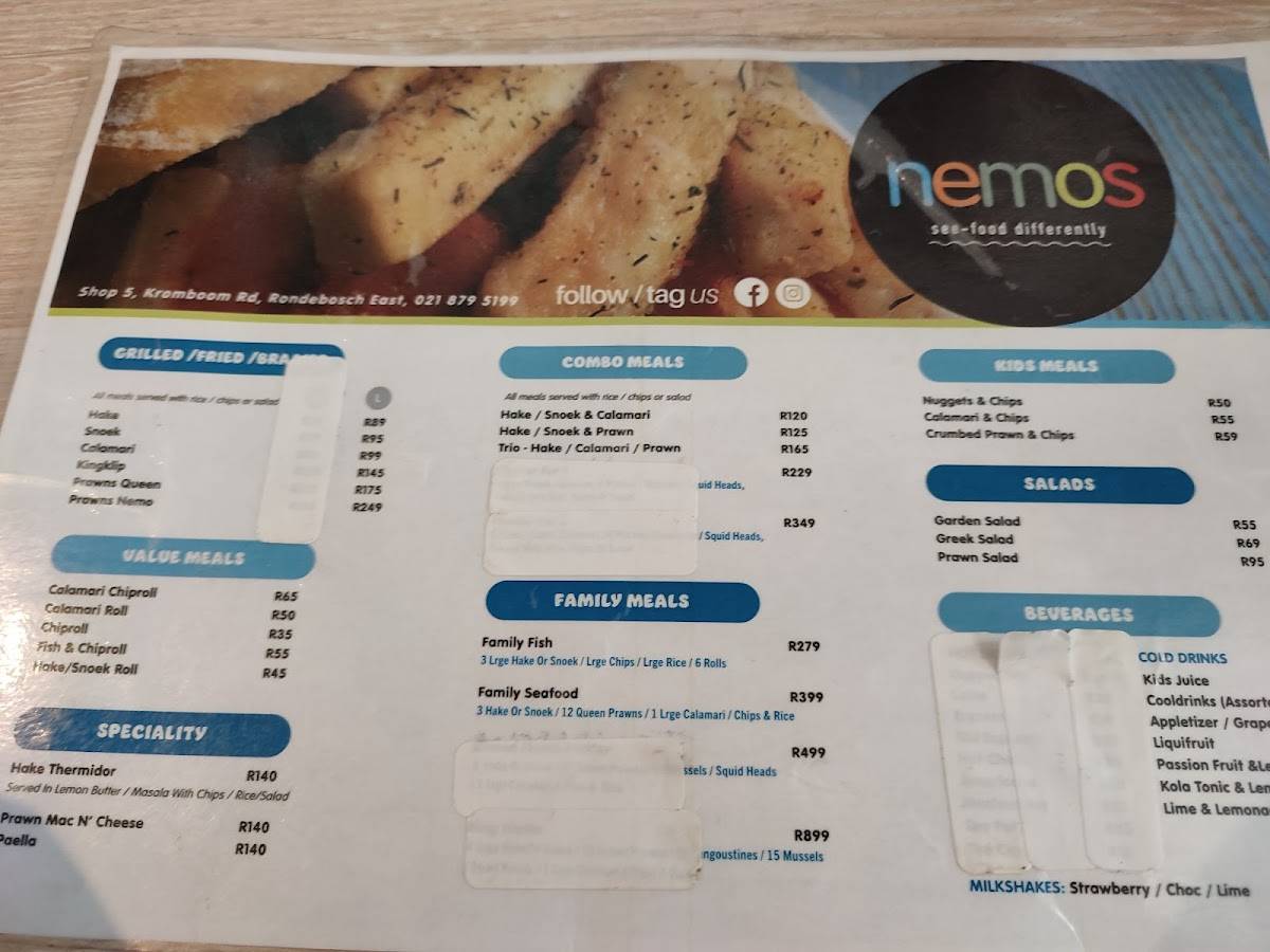 Menu at Nemo’s Seafood restaurant, Cape Town