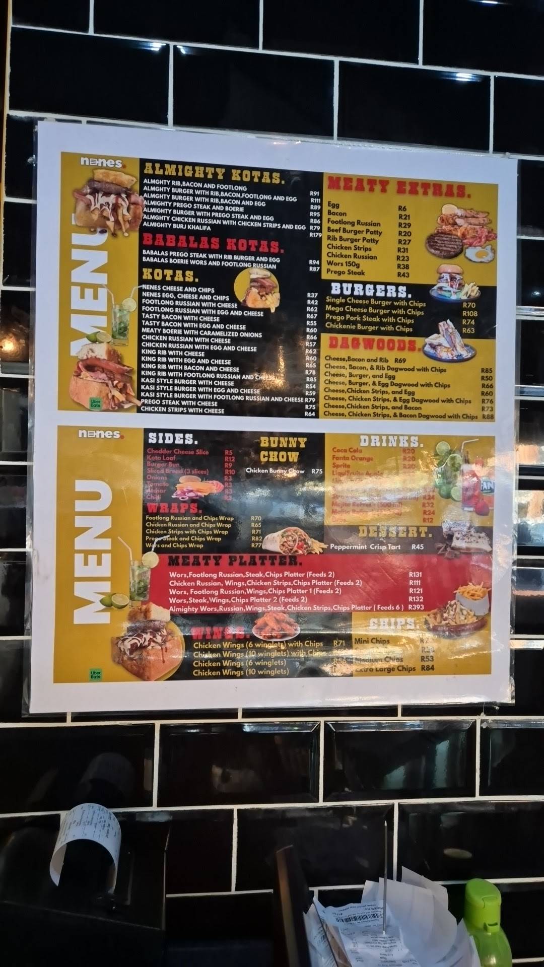 Menu at Nenes Hatfield restaurant, Pretoria