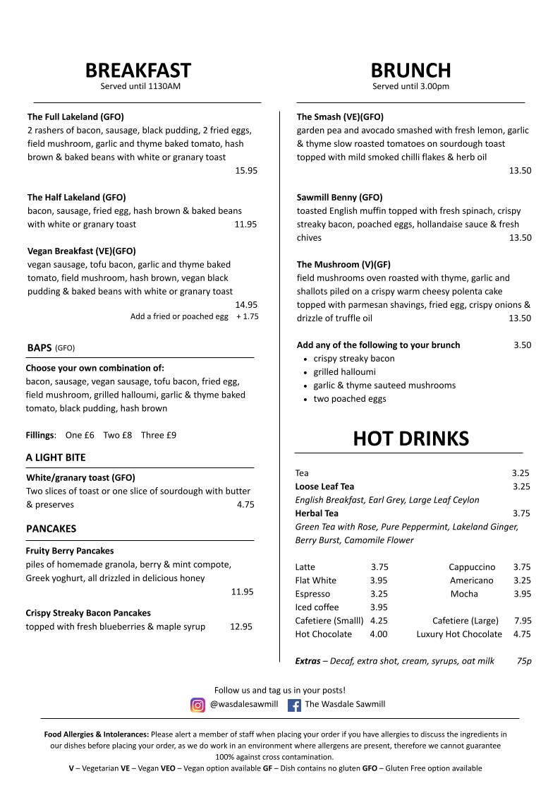 Menu at The Sawmill Cafe & Farm Shop, Wasdale