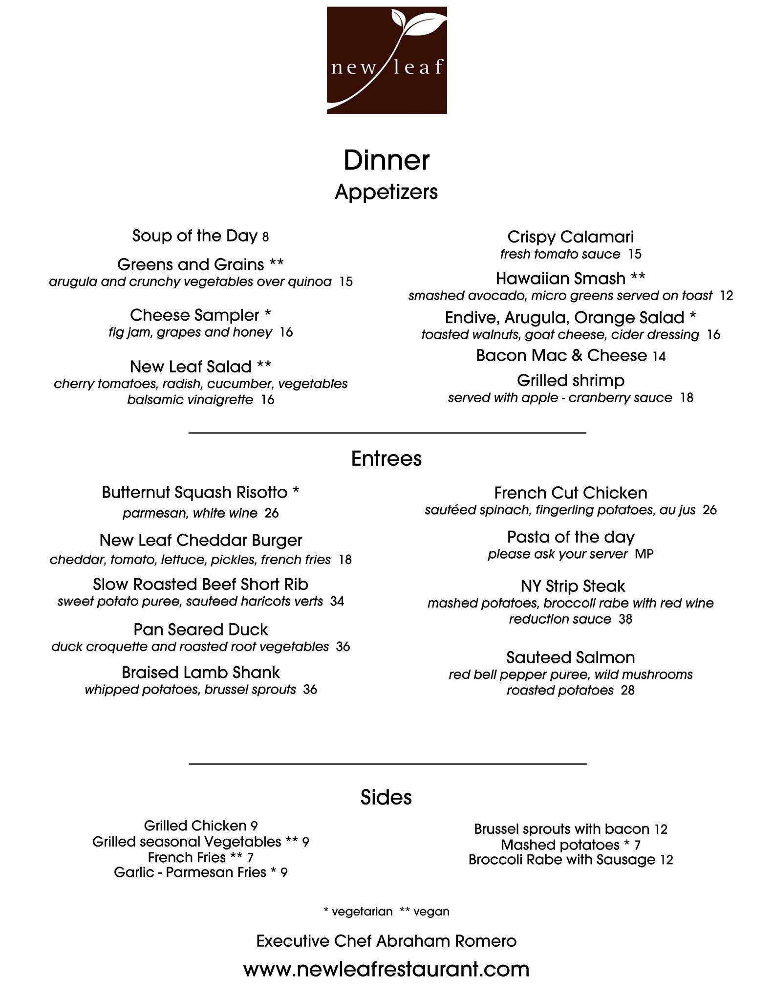 Menu at New Leaf Restaurant, New York City