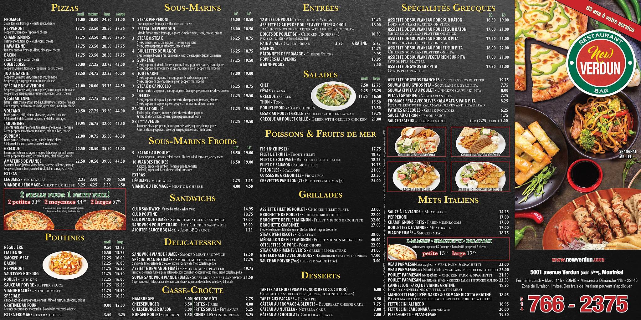 Menu au Nouveau Verdun restaurant, Montréal