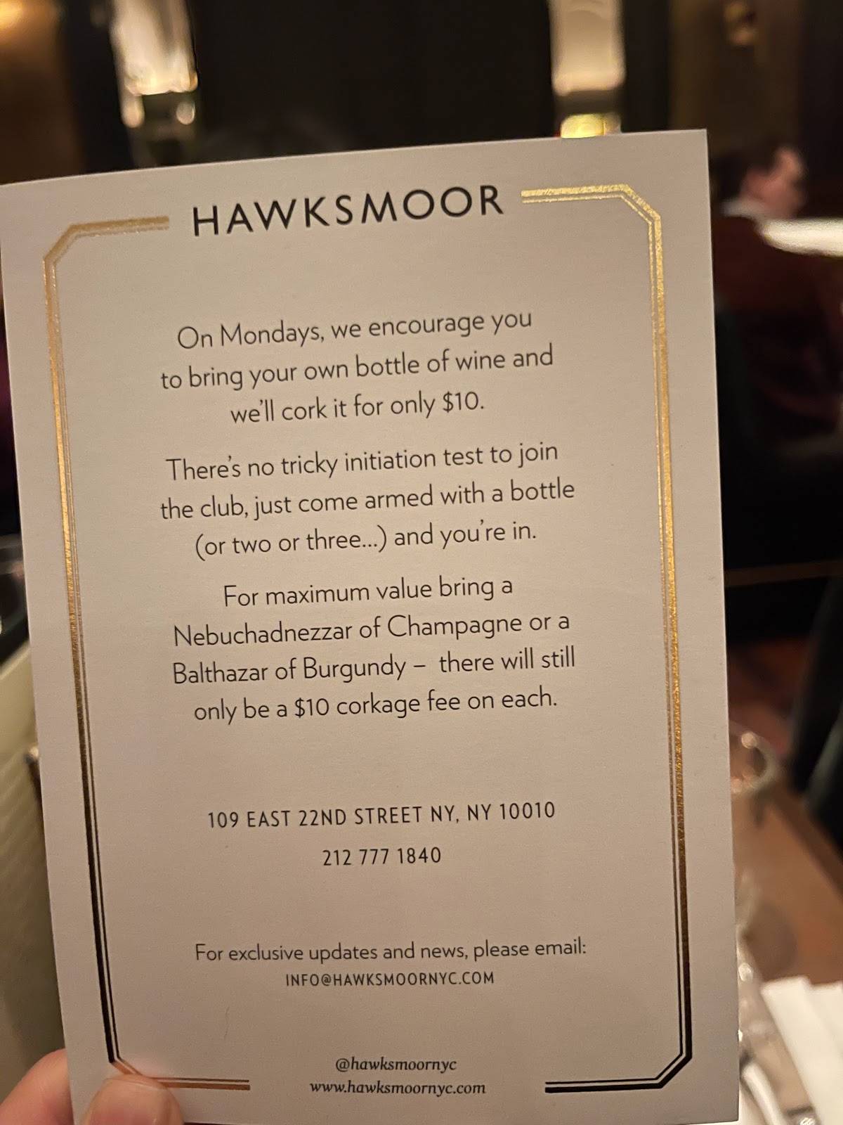 Меню стейк хауса Hawksmoor NYC, Нью-Йорк