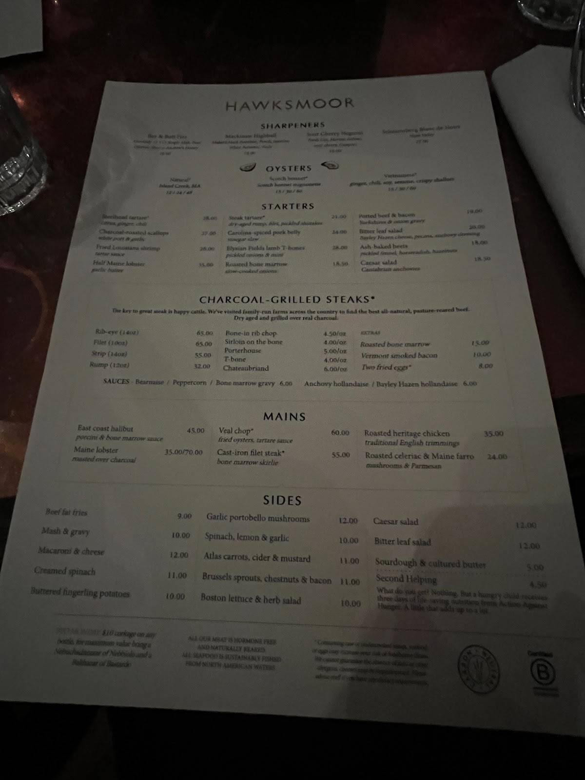 Меню стейк хауса Hawksmoor NYC, Нью-Йорк