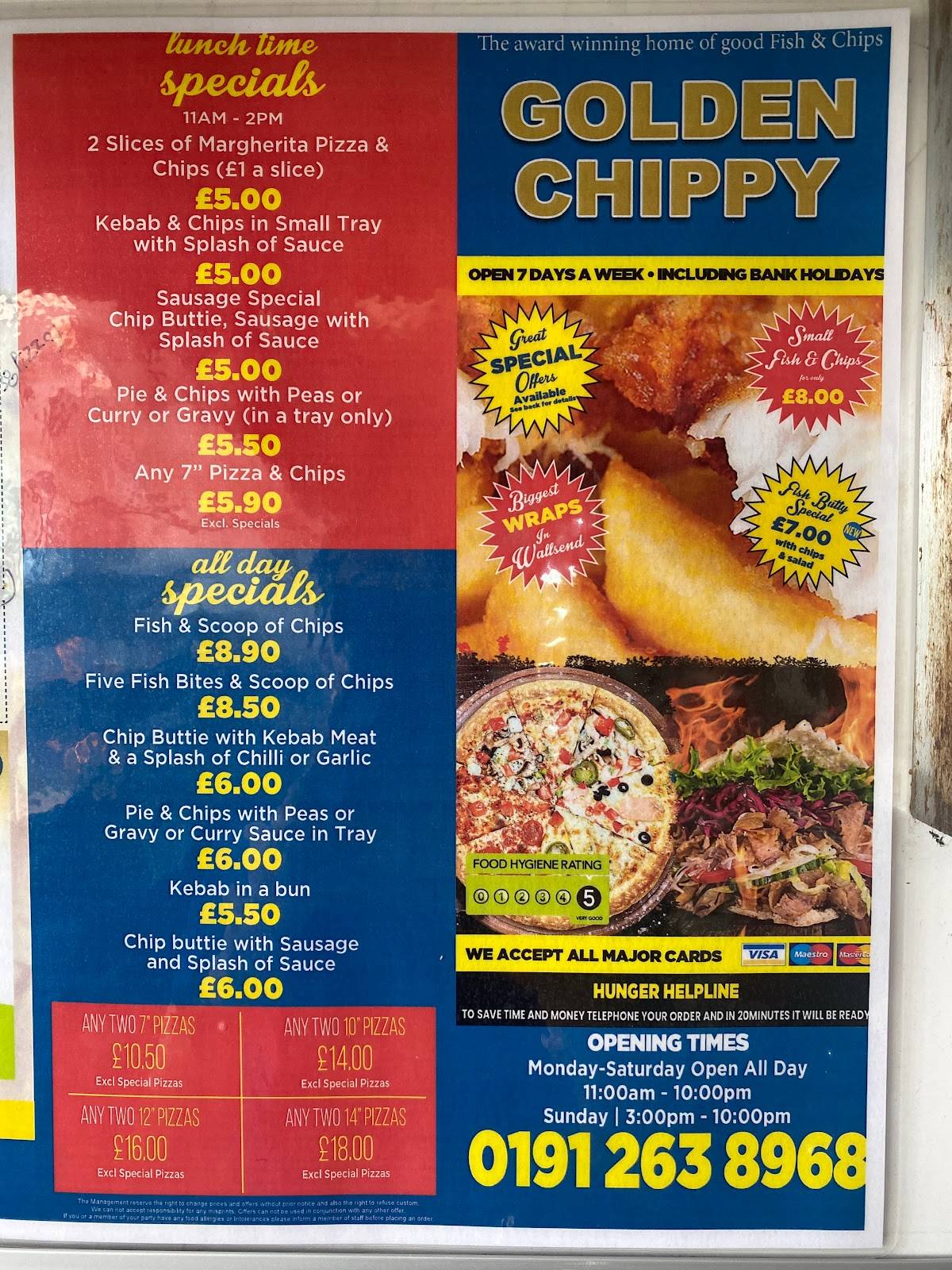 Menu at Golden Chippy fast food, Wallsend, 18 Coast Rd