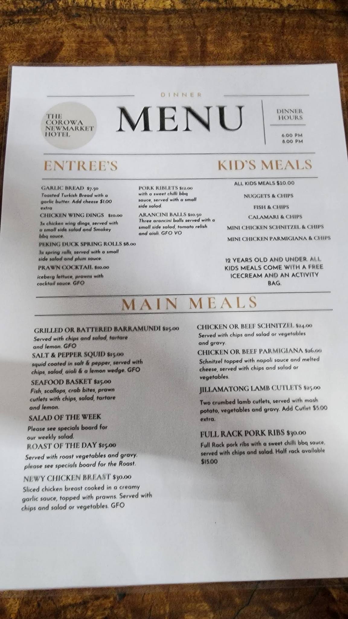 Menu at Newmarket Hotel pub & bar, Corowa