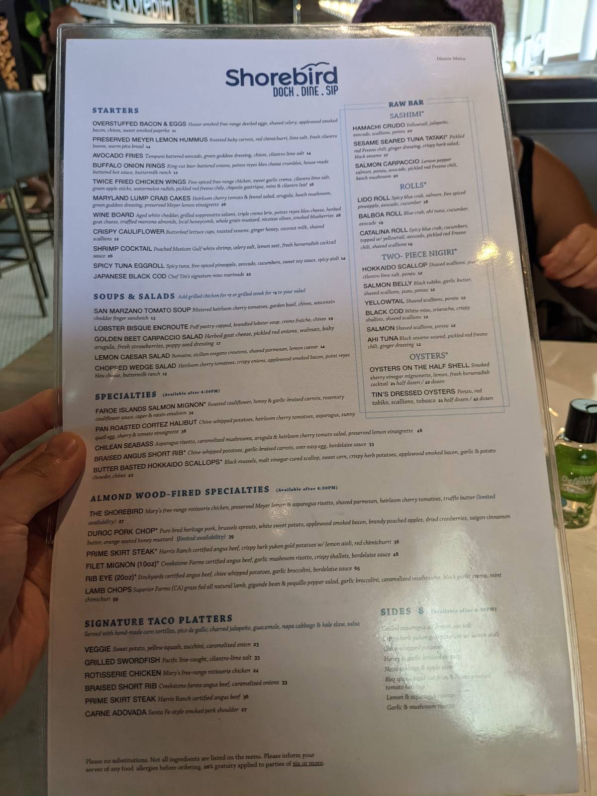 Menu at Shorebird restaurant, Newport Beach