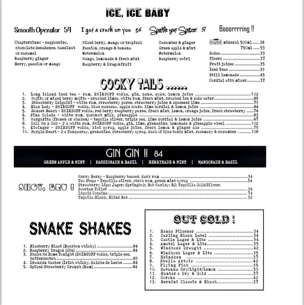 Menu at Next Chapter Restaurant, Durban