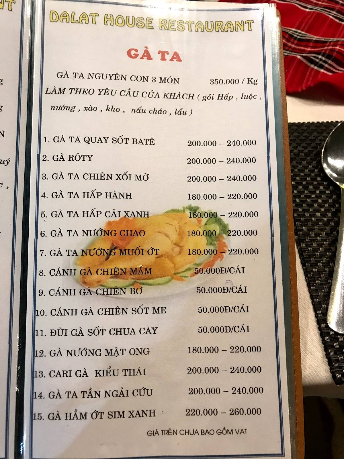 Menu at Nhà Hàng Đà Lạt House restaurant, Dalat