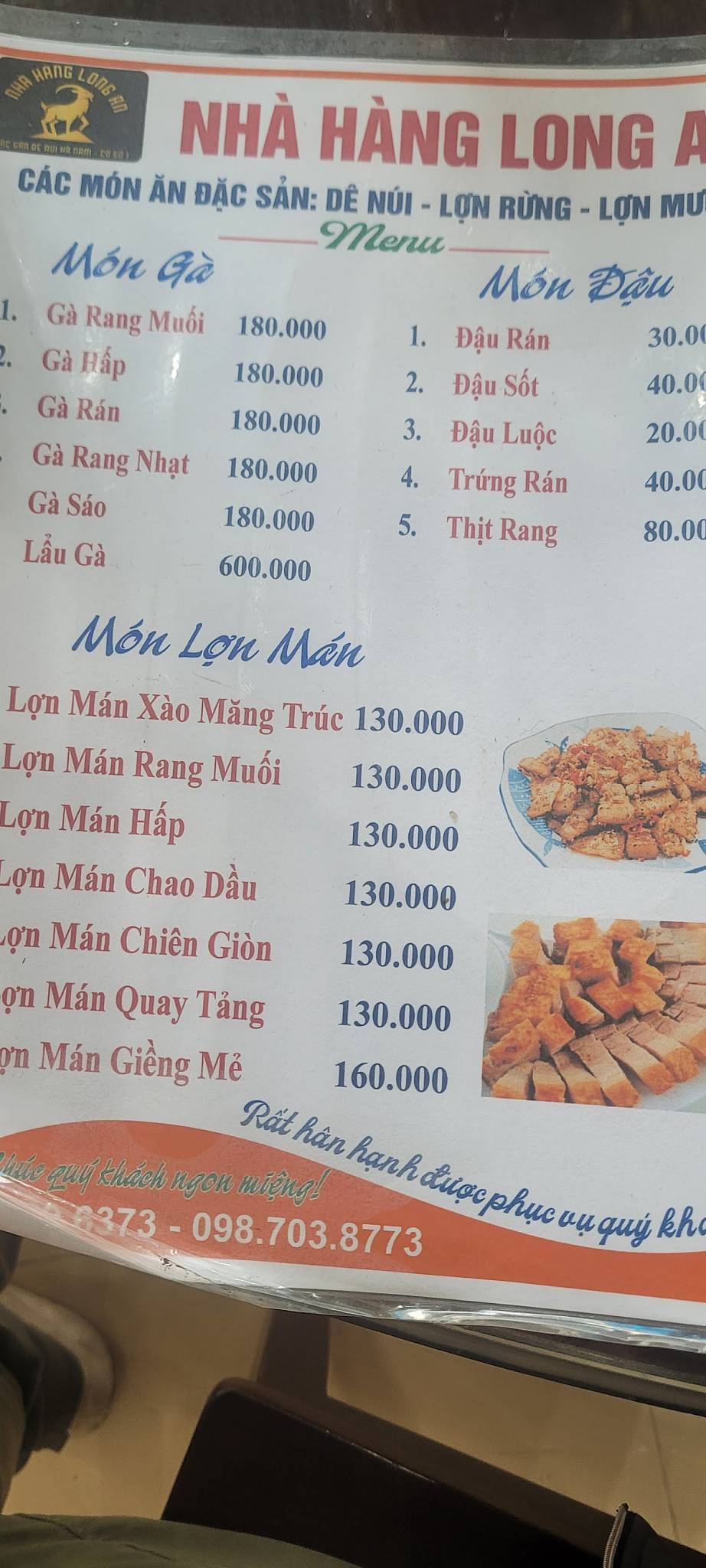 Menu at Nhà Hàng Long An 1-Dê Núi restaurant, Phủ Lý
