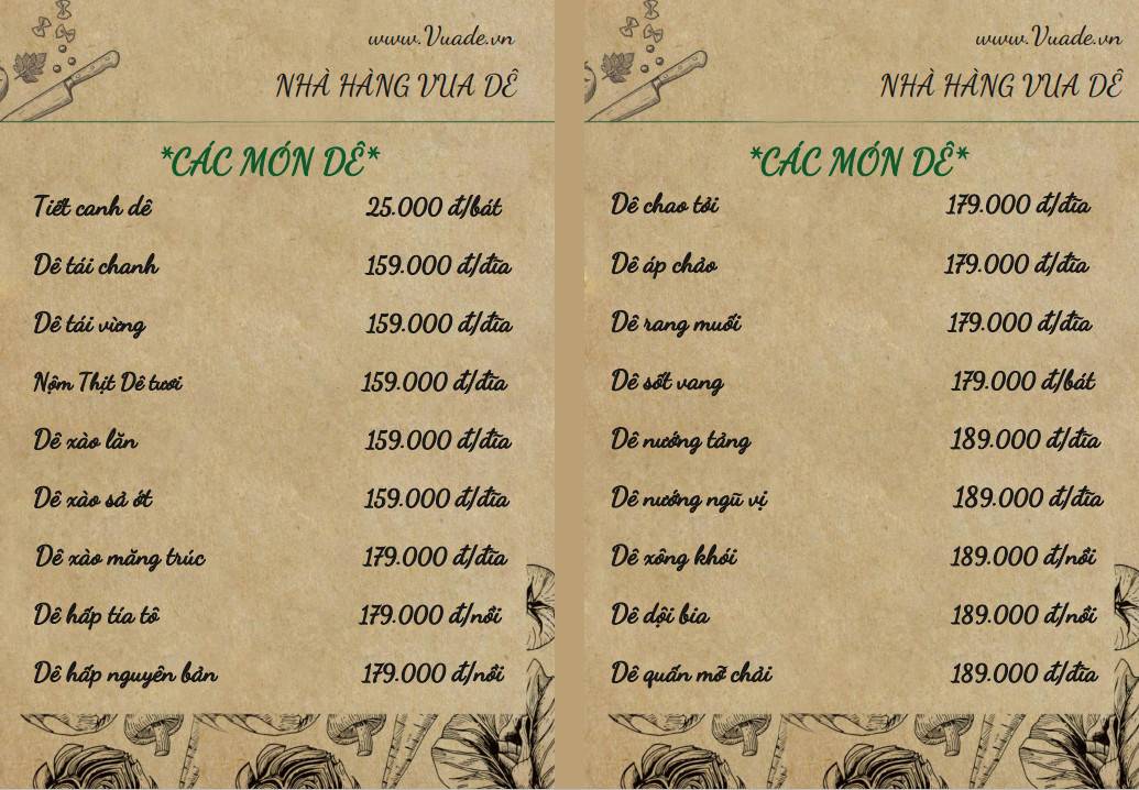 Carta del restaurante Nhà Hàng Vua Dê, Thành phố Bắc Ninh