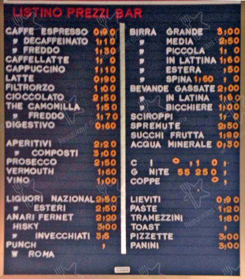 Menu da Nick Bar, Roma